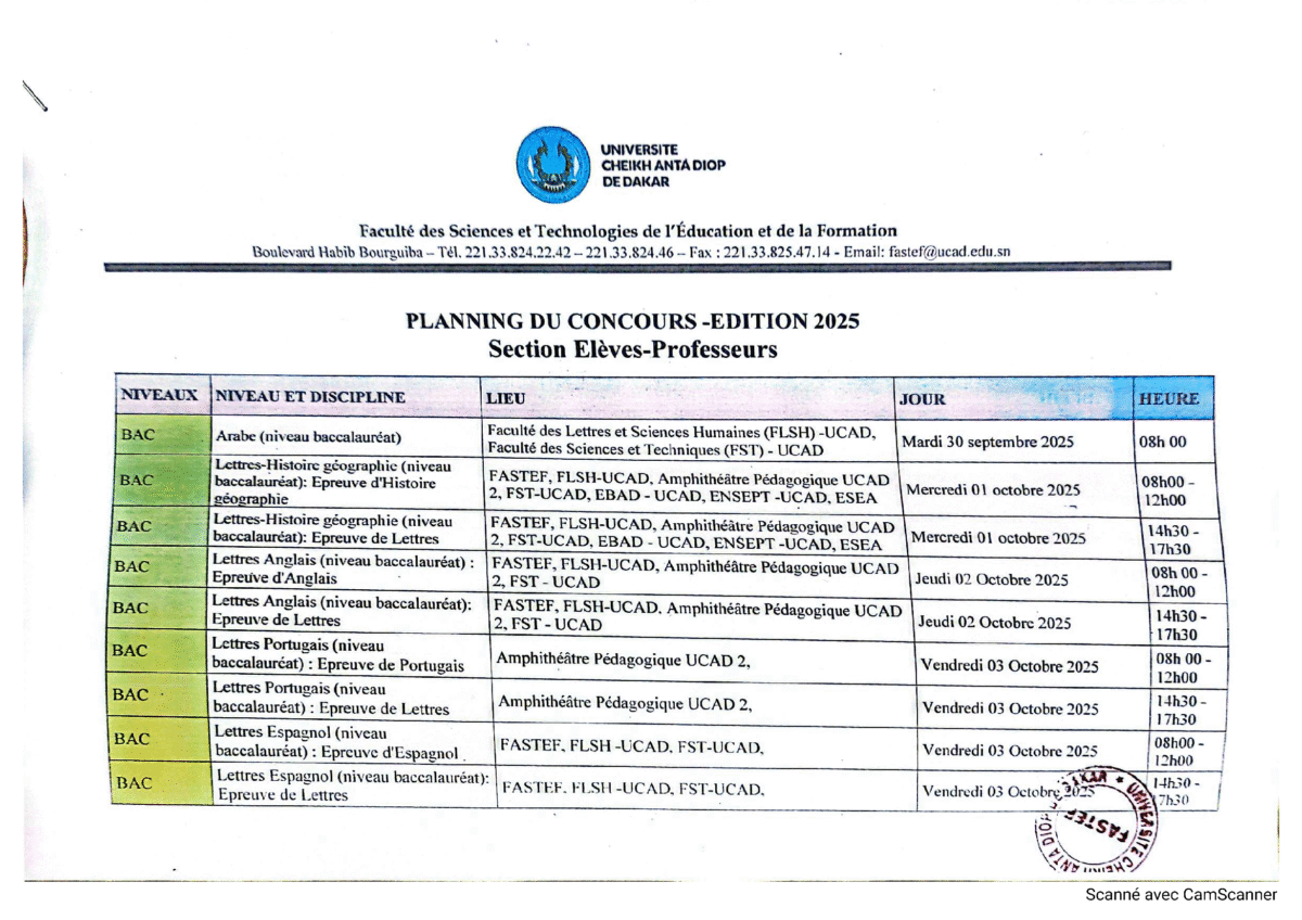 Calendrier Concours FASTEF 2025